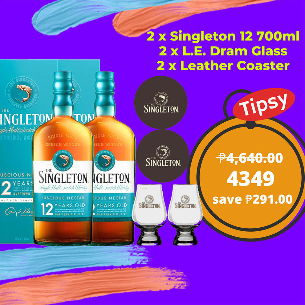 2 x Singleton 12 700ml, 2 x L.E. Dram Glass, 2 x Leather Coaster – Tipsy