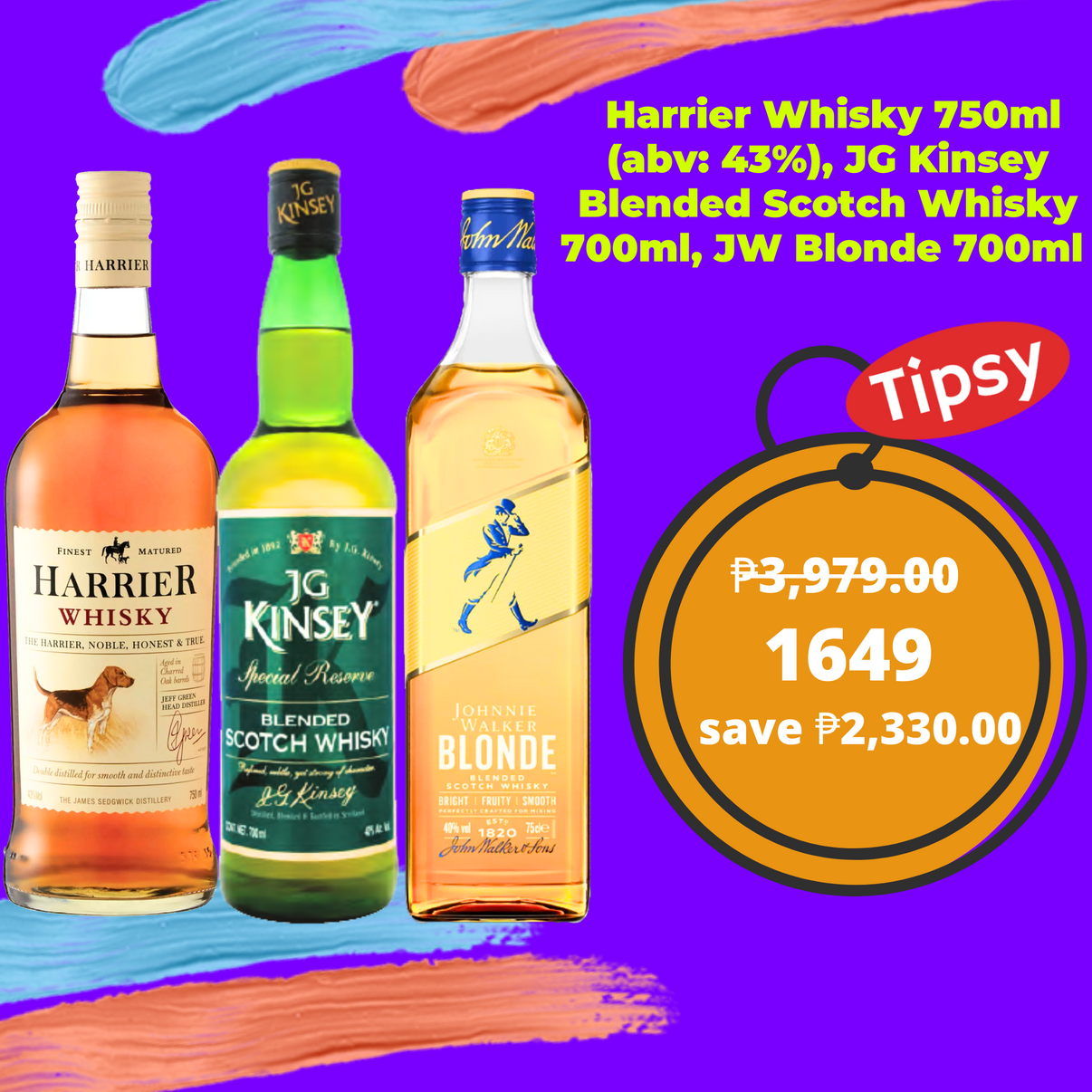 Harrier Whisky 750ml (abv: 43%), JG Kinsey Blended Scotch Whisky 700ml ...